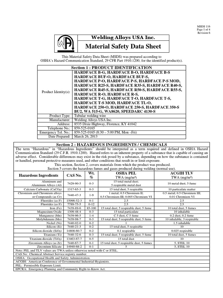 Material Safety Data Sheet: Welding Alloys USA Inc | Download Free PDF ...