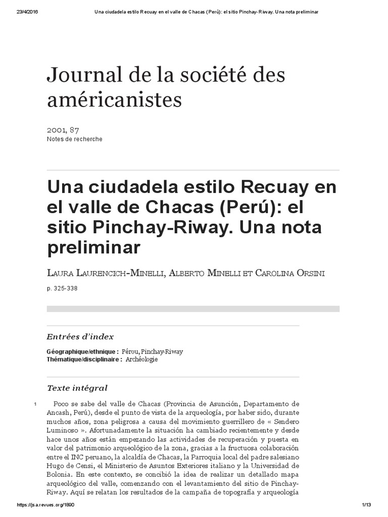 Una Ciudadela Estilo Recuay en El Valle de Chacas (Perú) - El Sitio Pinchay-Riway | PDF ...