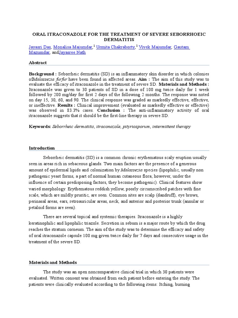 Oral Itraconazole For The Treatment of Severe Seborrhoeic Dermatitis ...