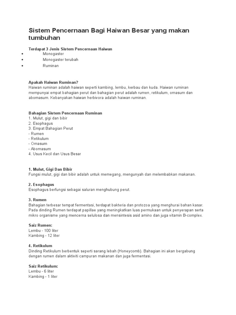 Sistem Pencernaan Bagi Haiwan Besar Yang Makan Tumbuhan | PDF