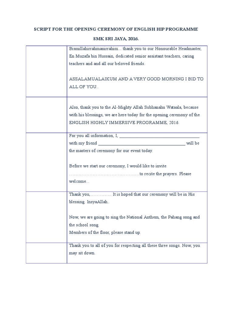 Emcee Script For The Opening Ceremony For The HIP Programme | PDF