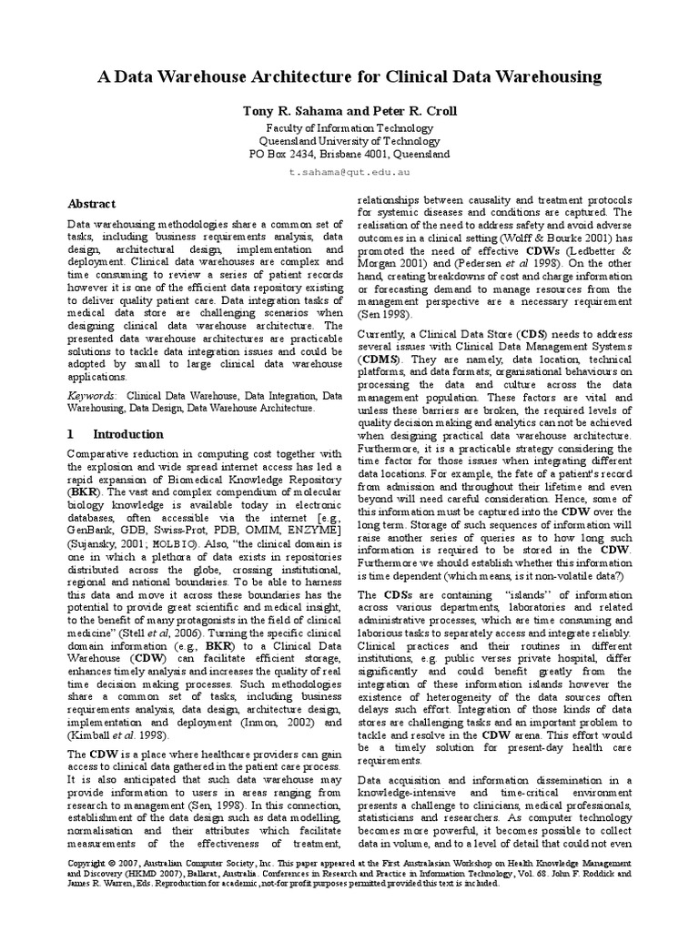 A Data Warehouse Architecture For Clinical Data Warehousing: Tony R. Sahama and Peter R. Croll ...