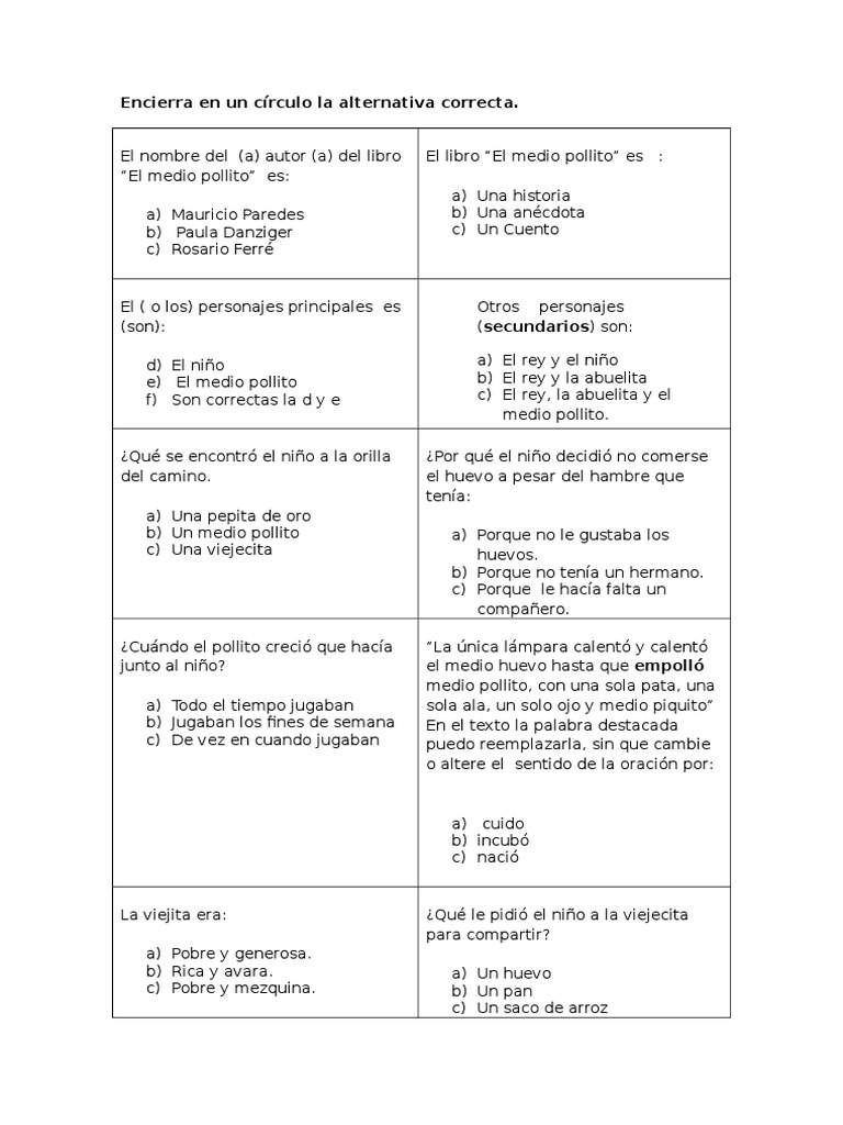 Actividades sobre "El Medio Pollito" | PDF