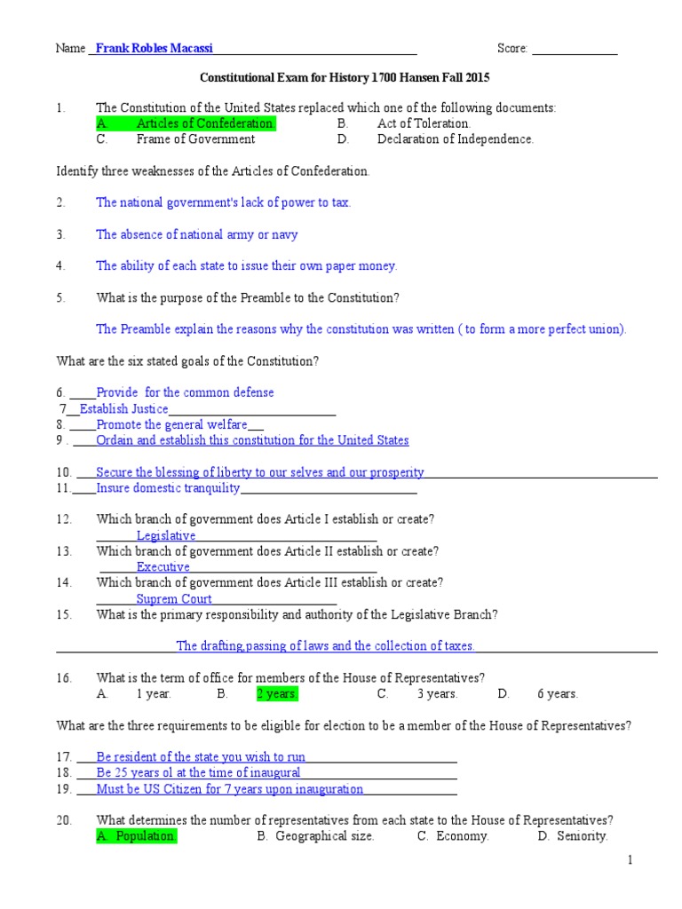 U.S. Constitution Exam Guide | PDF | United States Constitution ...