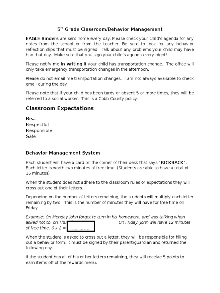 Class Procedures 5th Grade PDF Homework Schools