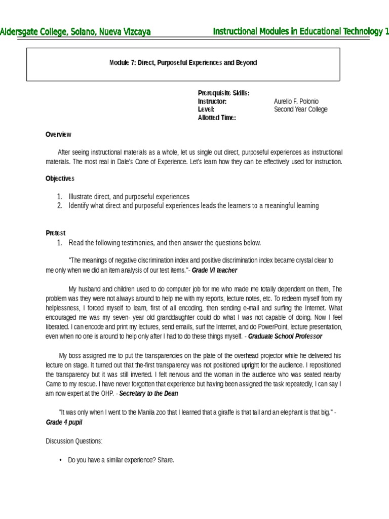 Module 7 - Direct, Purposeful Experiences and Beyond | PDF | Lecture ...