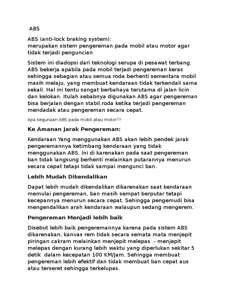 Pengertian dan Fungsi Sistem ABS | PDF | Komputer | Teknologi & Rekayasa