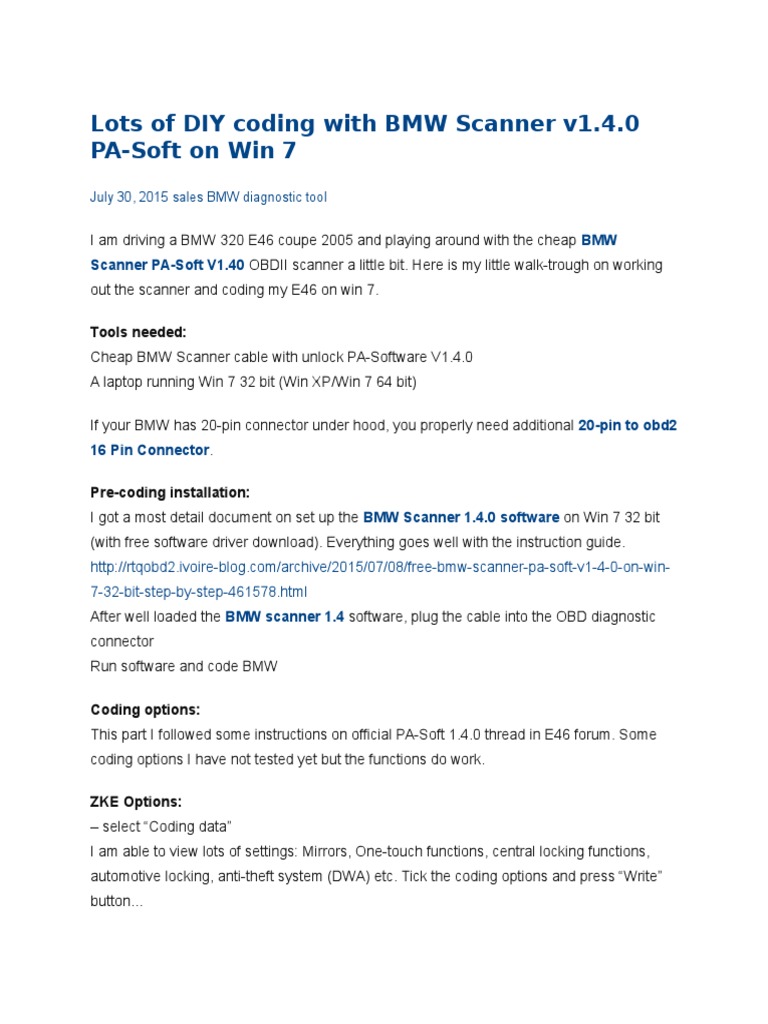 Lots of DIY Coding With BMW Scanner v1.4.0 PA-Soft On Win 7 | PDF ...