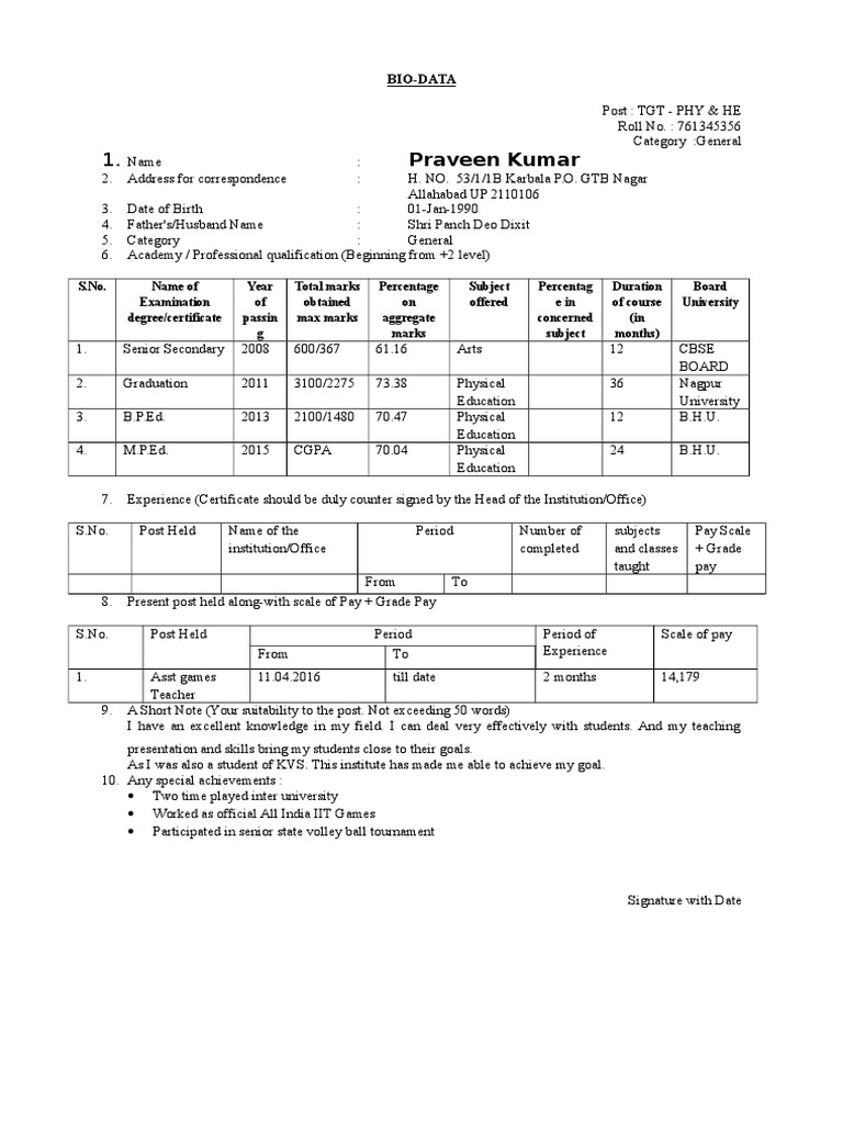 Praveen Kumar: Bio-Data | PDF