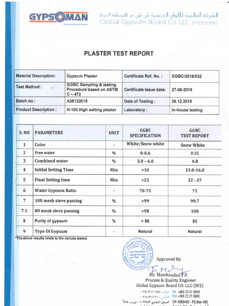 Gypsum Plaster Test Report Summary | PDF | Science & Mathematics