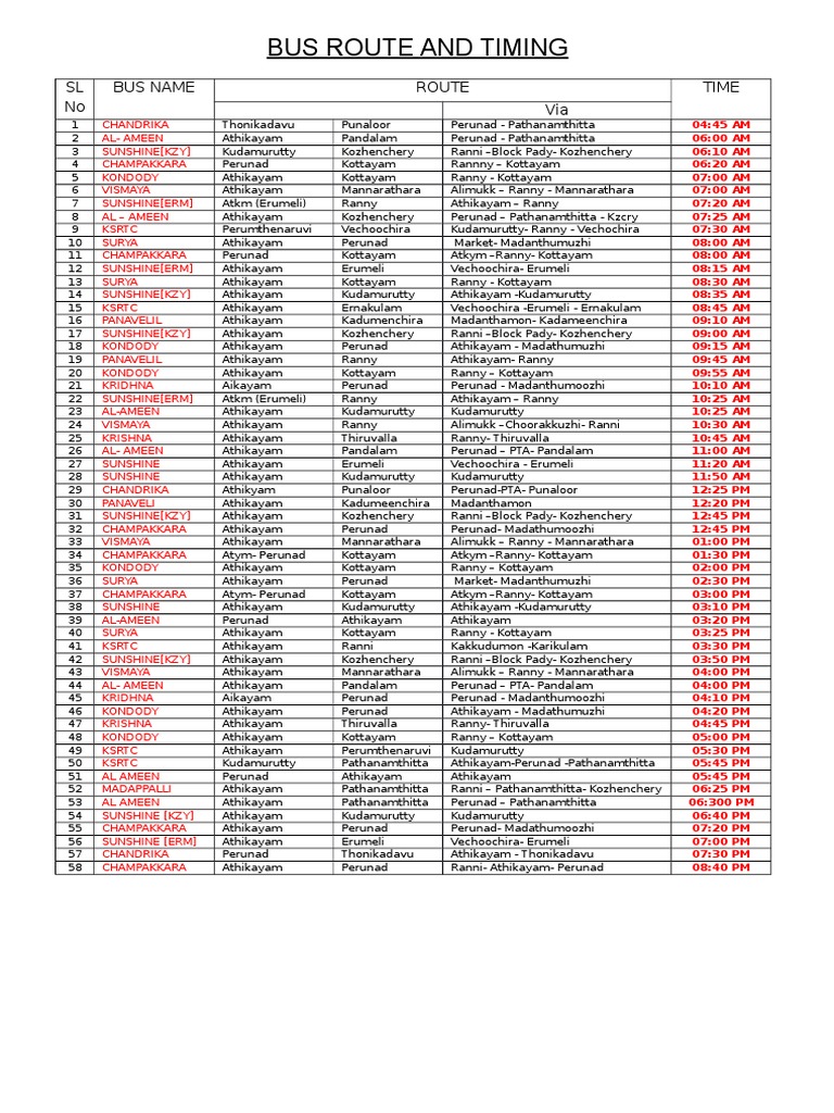 Bus Routes & Timings Schedule | PDF