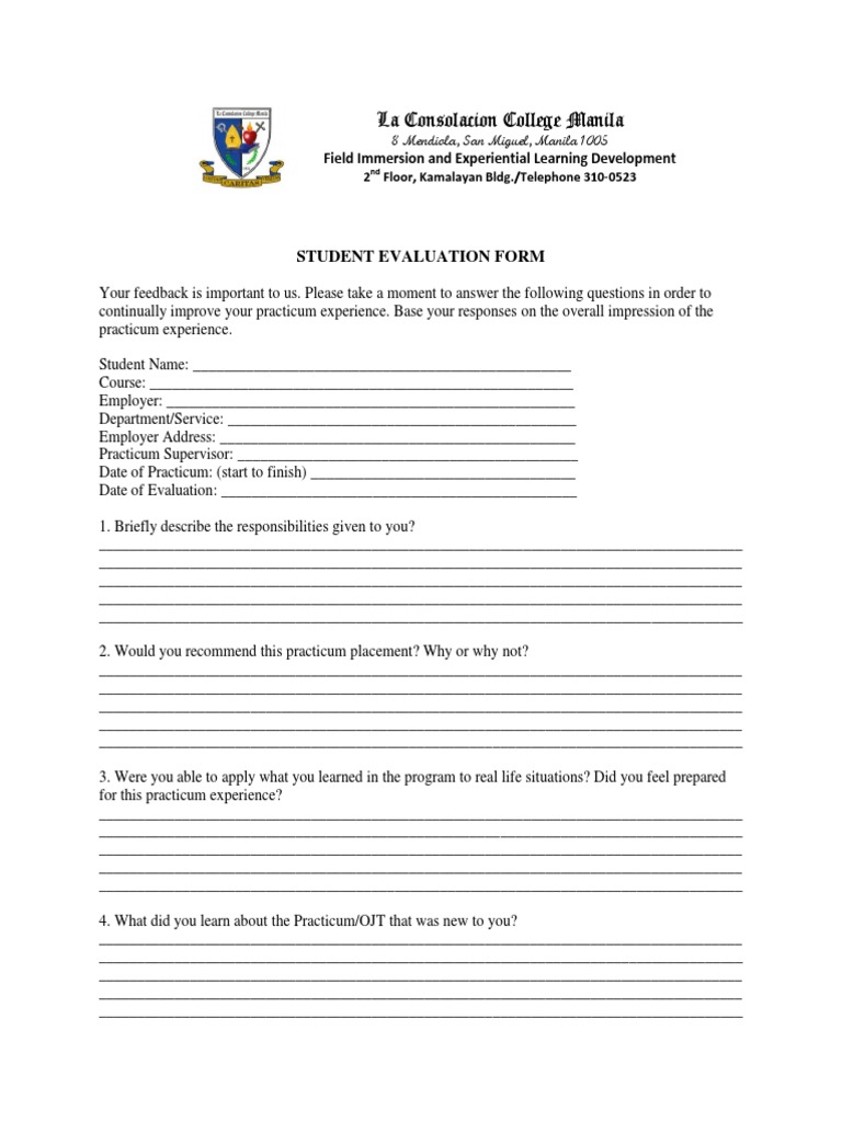 La Consolacion College Manila: Student Evaluation Form | PDF