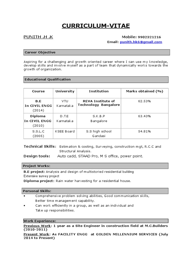 Curriculum-Vitae: Punith .H .K | PDF