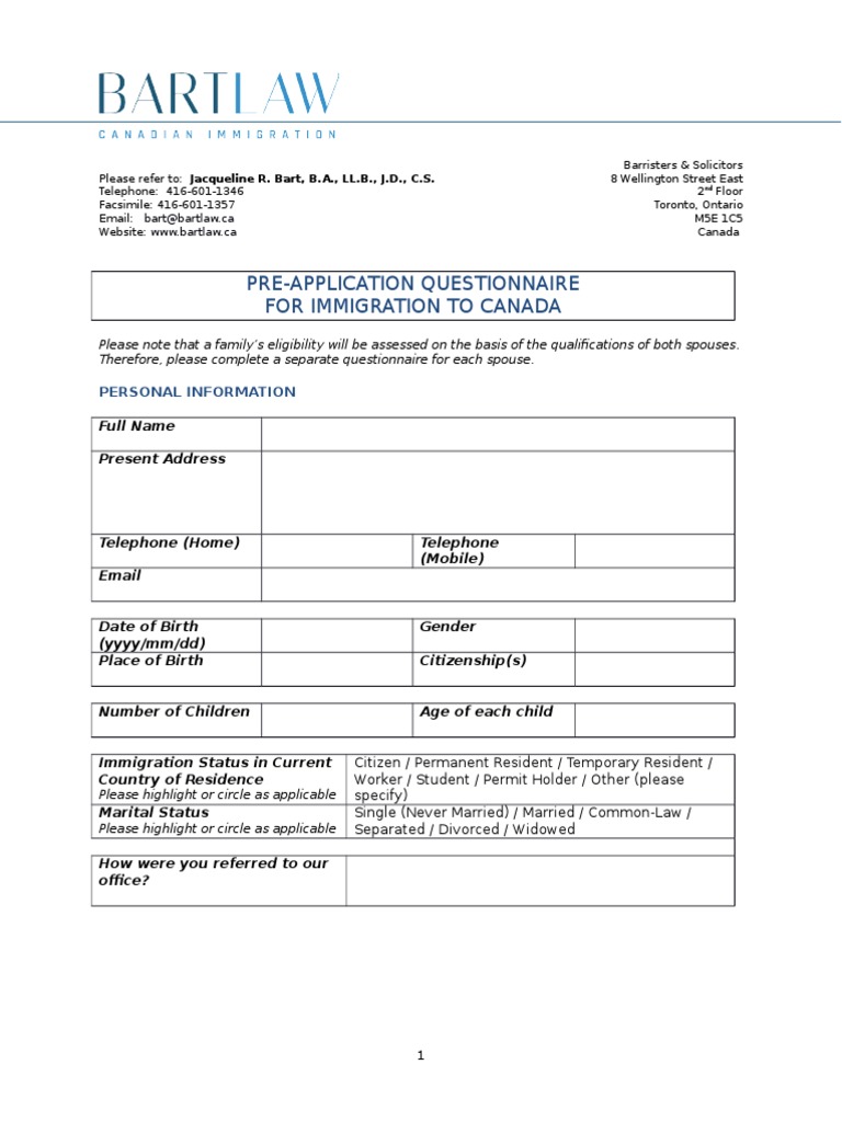 Pre-Application Questionnaire For Immigration To Canada: Personal ...