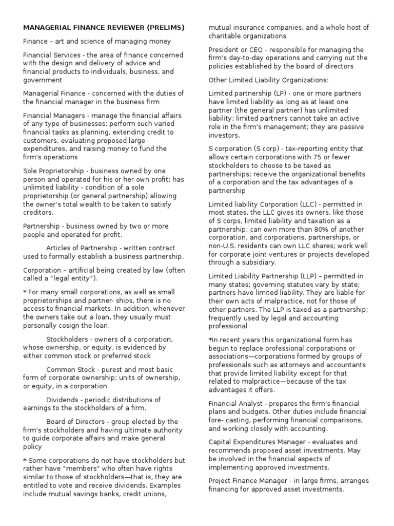 An Overview of Managerial Finance Concepts and Organizational ...