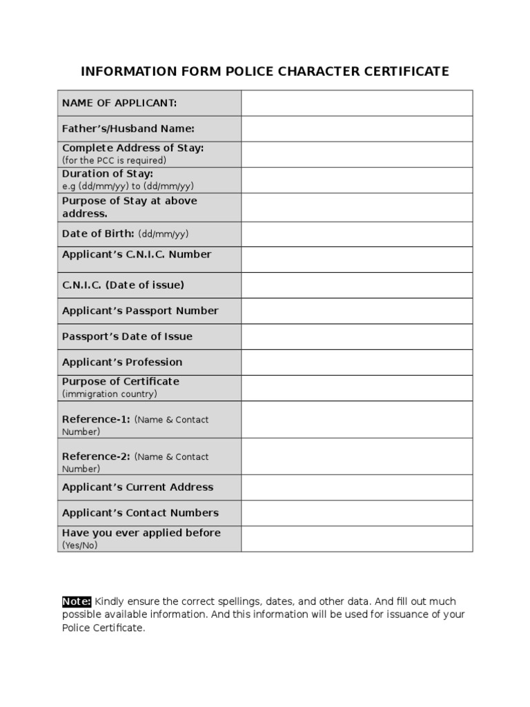 Police Character Certificate Form | PDF