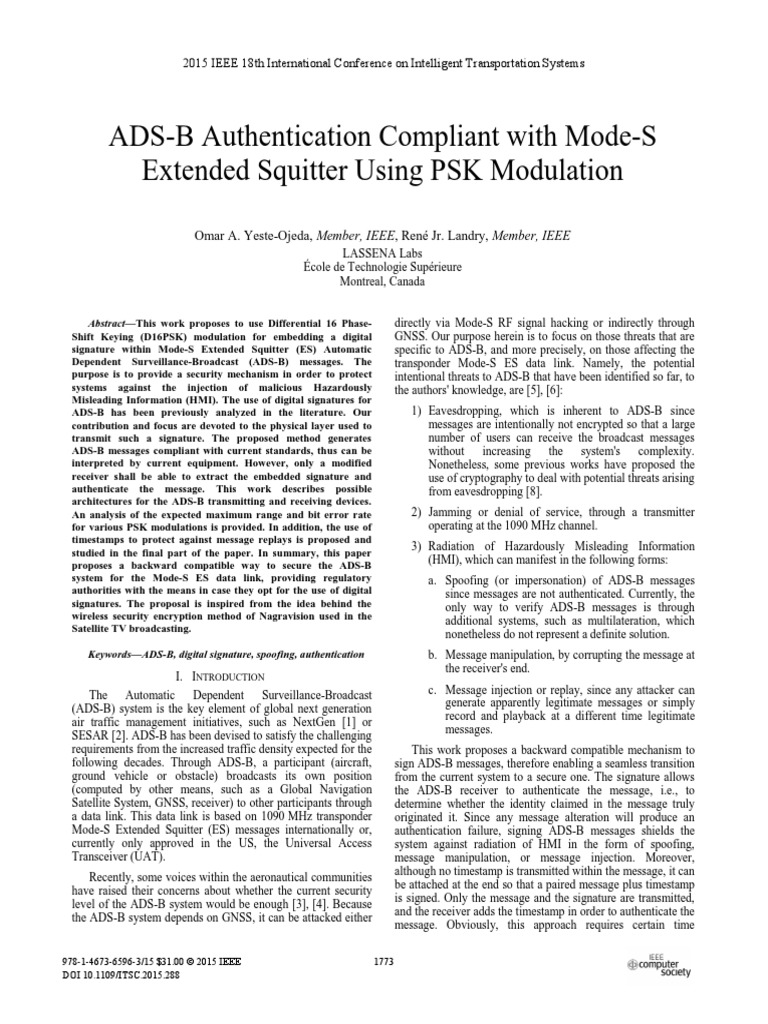 ADS-B Authentication Compliant With Mode-S Extended Squitter Using PSK ...