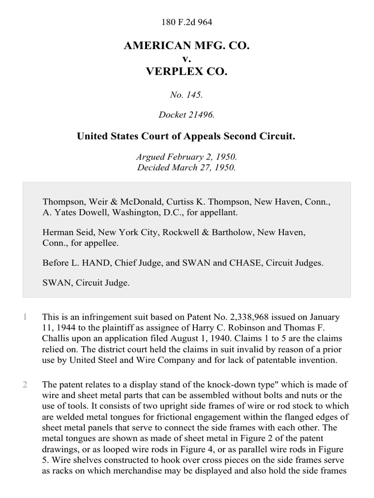 American Mfg. Co. v. Verplex Co, 180 F.2d 964, 2d Cir. (1950) | PDF ...