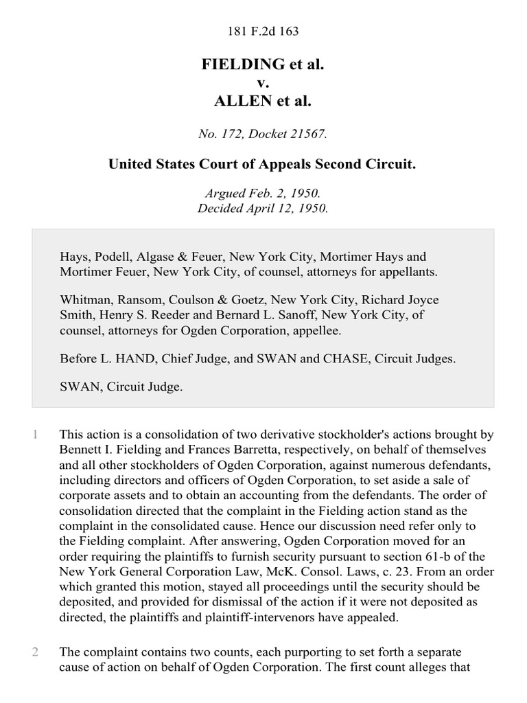 Fielding v. Allen, 181 F.2d 163, 2d Cir. (1950) | PDF | Diversity ...