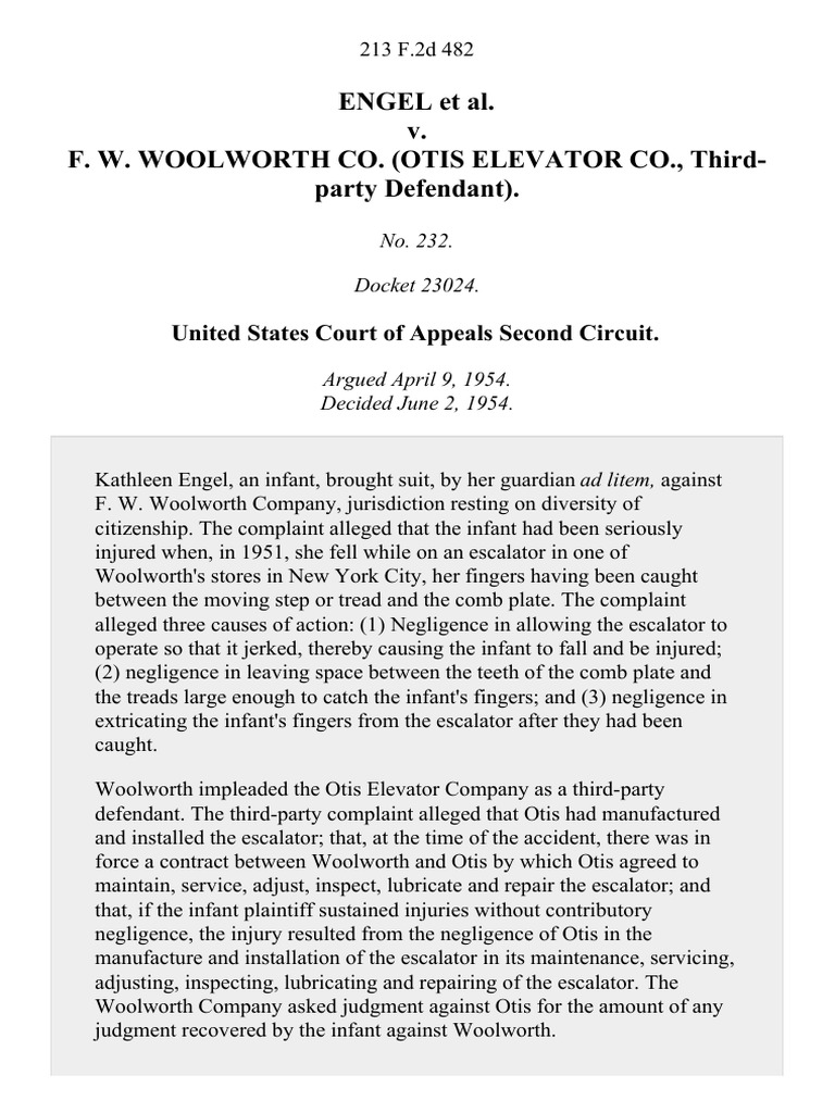 Engel v. F. W. Woolworth Co. (Otis Elevator Co., Third-Party Defendant ...