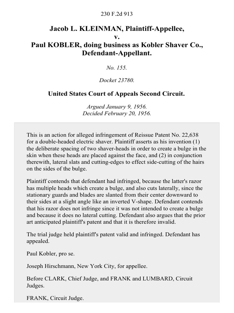 Jacob L. Kleinman v. Paul Kobler, Doing Business As Kobler Shaver Co ...
