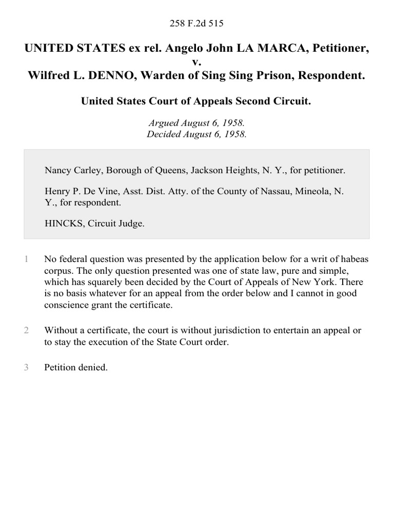 United States Ex Rel. Angelo John La Marca v. Wilfred L. Denno, Warden ...