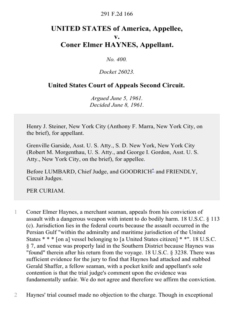 United States v. Coner Elmer Haynes, 291 F.2d 166, 2d Cir. (1961) | PDF ...