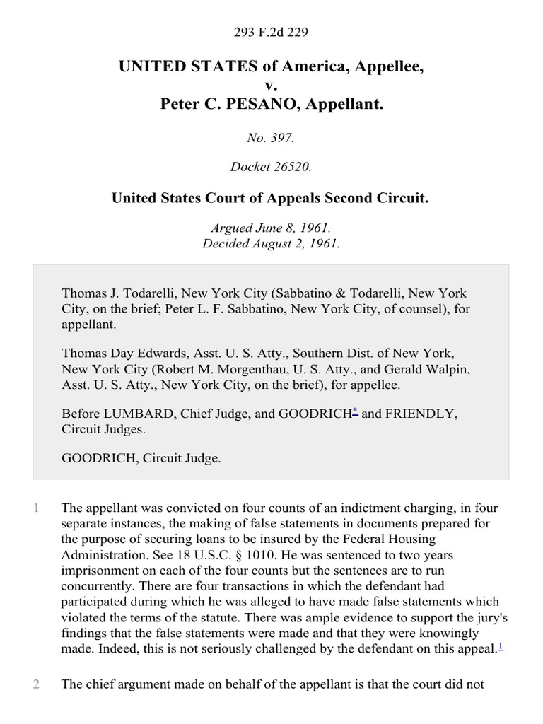United States v. Peter C. Pesano, 293 F.2d 229, 2d Cir. (1961) | PDF ...