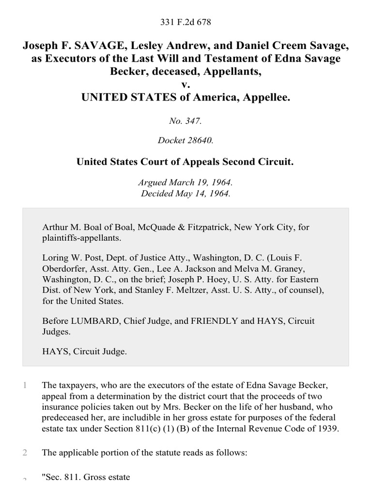 Joseph F. Savage, Lesley Andrew, and Daniel Creem Savage, As Executors ...