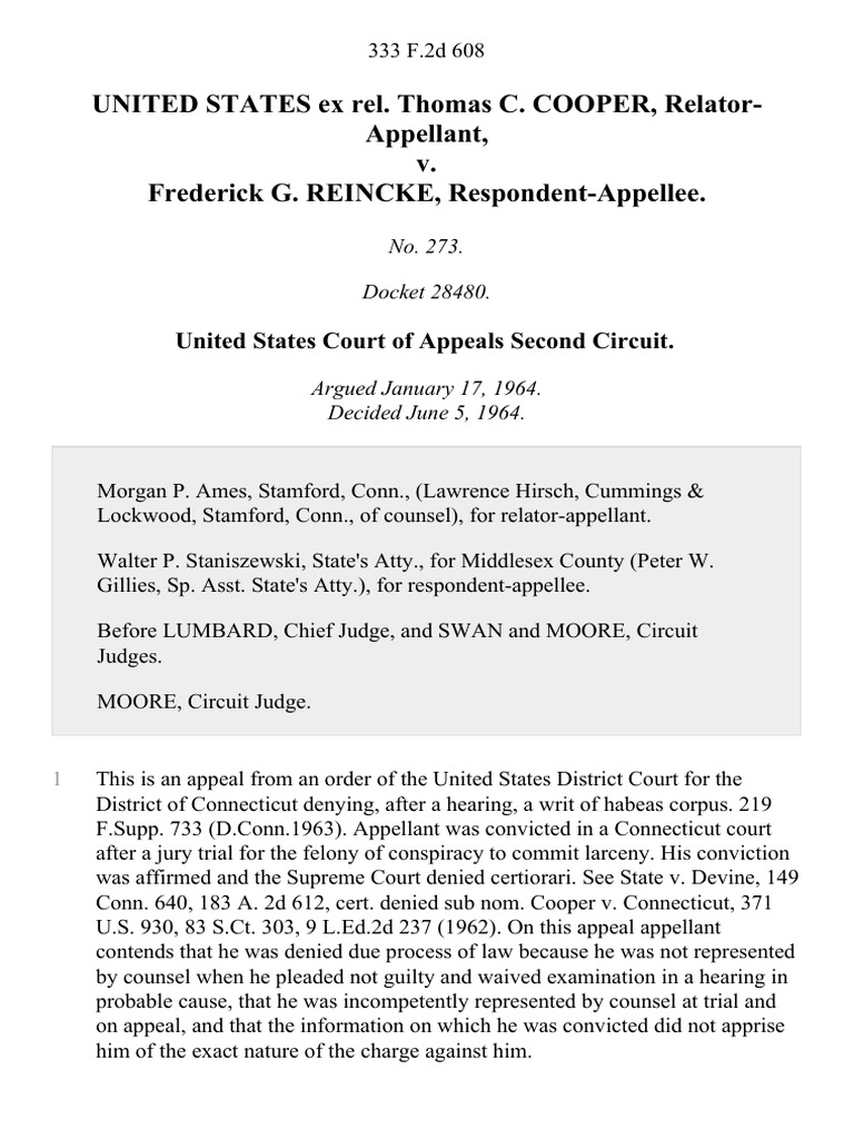 United States Ex Rel. Thomas C. Cooper, Relator-Appellant v. Frederick ...
