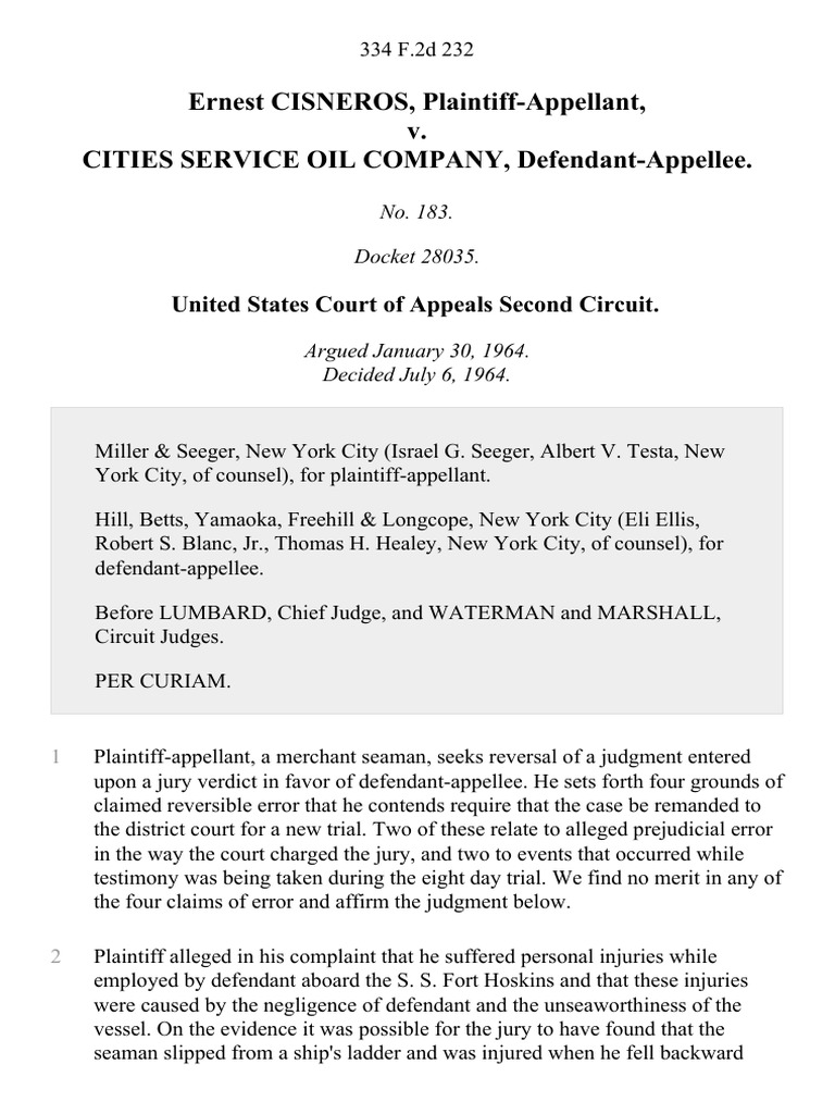 Ernest Cisneros v. Cities Service Oil Company, 334 F.2d 232, 2d Cir ...