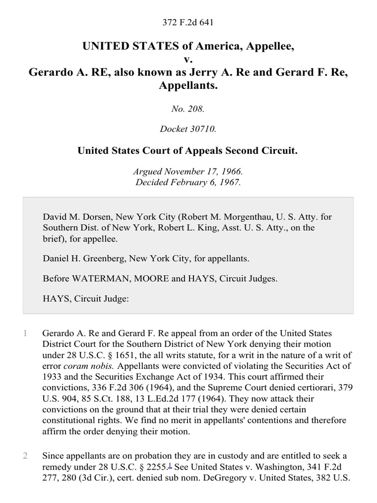 United States v. Gerardo A. Re, Also Known As Jerry A. Re and Gerard F ...