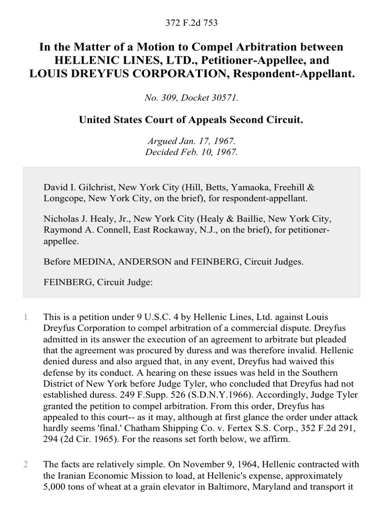 In The Matter of A Motion To Compel Arbitration Between Hellenic Lines ...