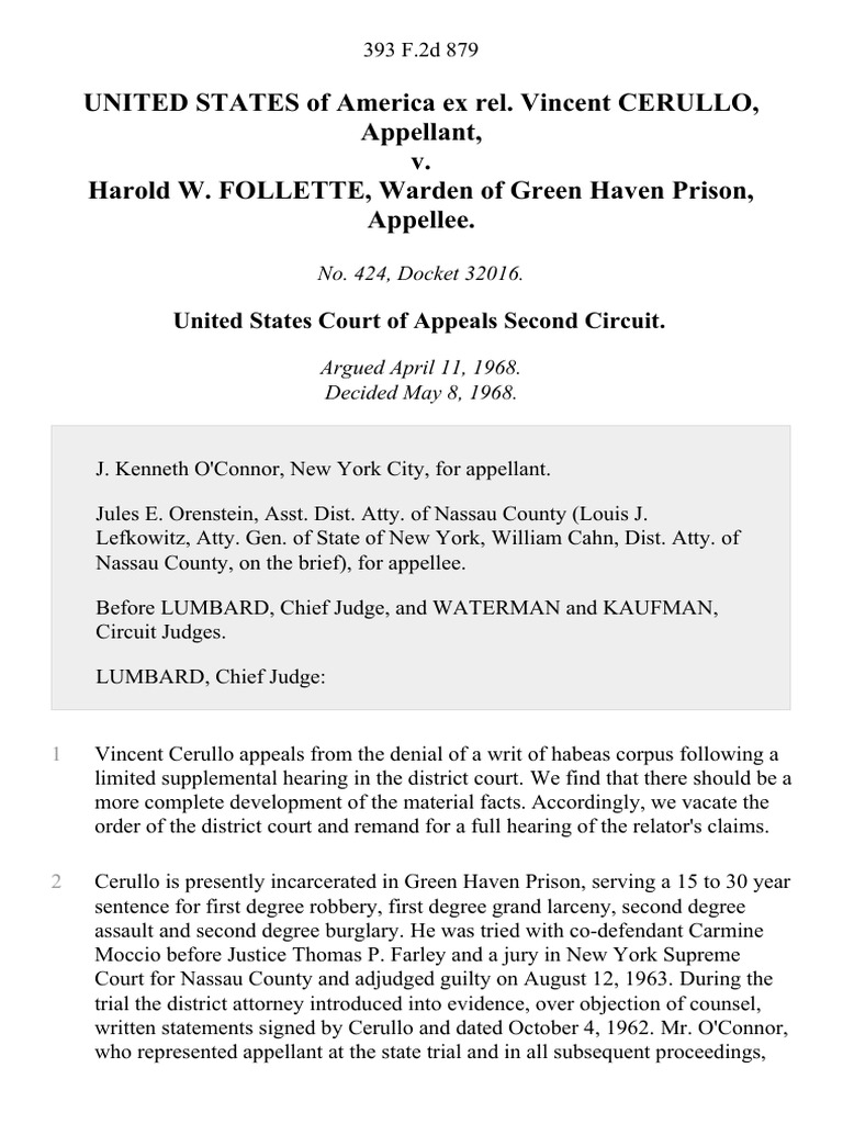 United States of America Ex Rel. Vincent Cerullo v. Harold W. Follette ...