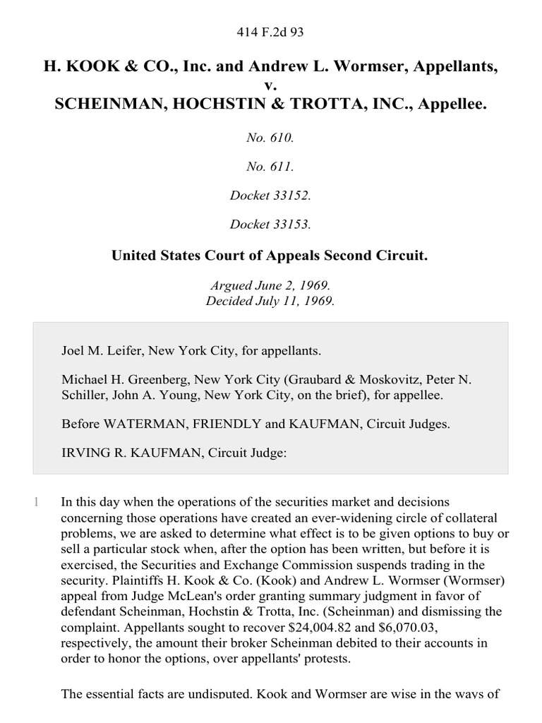 H. Kook & Co., Inc. and Andrew L. Wormser v. Scheinman, Hochstin ...
