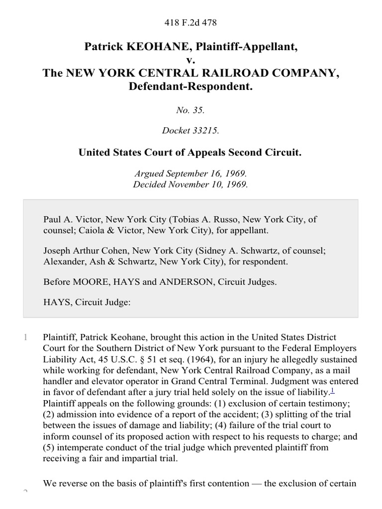 Patrick Keohane v. The New York Central Railroad Company, Defendant ...