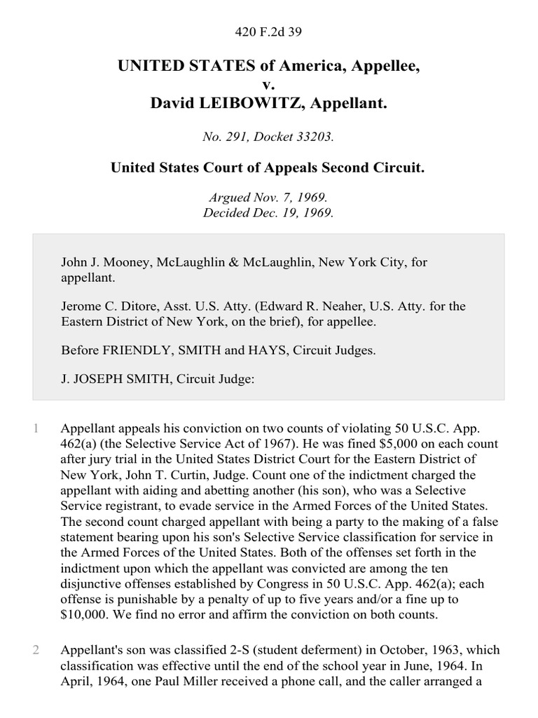 United States v. David Leibowitz, 420 F.2d 39, 2d Cir. (1969) | PDF ...