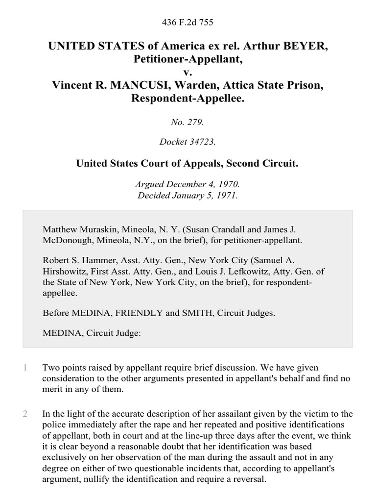 United States of America Ex Rel. Arthur Beyer v. Vincent R. Mancusi ...