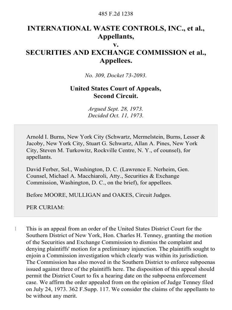 International Waste Controls, Inc. v. Securities and Exchange Commission, 485 F.2d 1238, 2d Cir ...