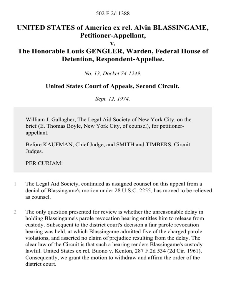 United States of America Ex Rel. Alvin Blassingame v. The Honorable ...