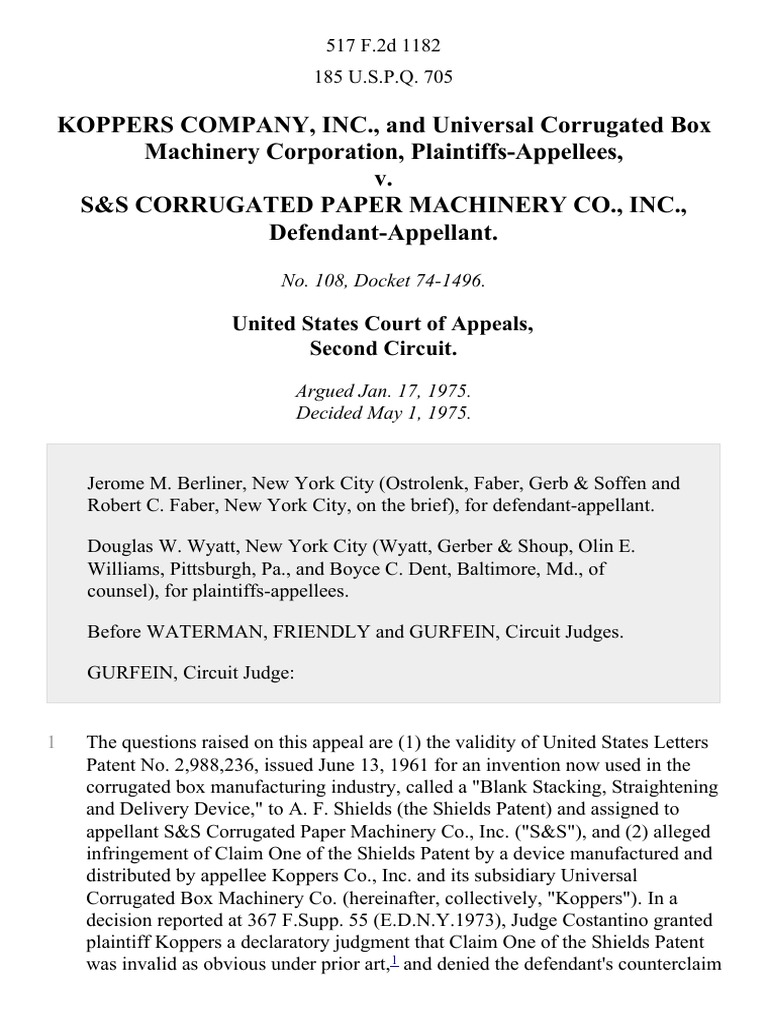 Koppers Company, Inc., and Universal Corrugated Box MacHinery Corporation v. S&s Corrugated ...