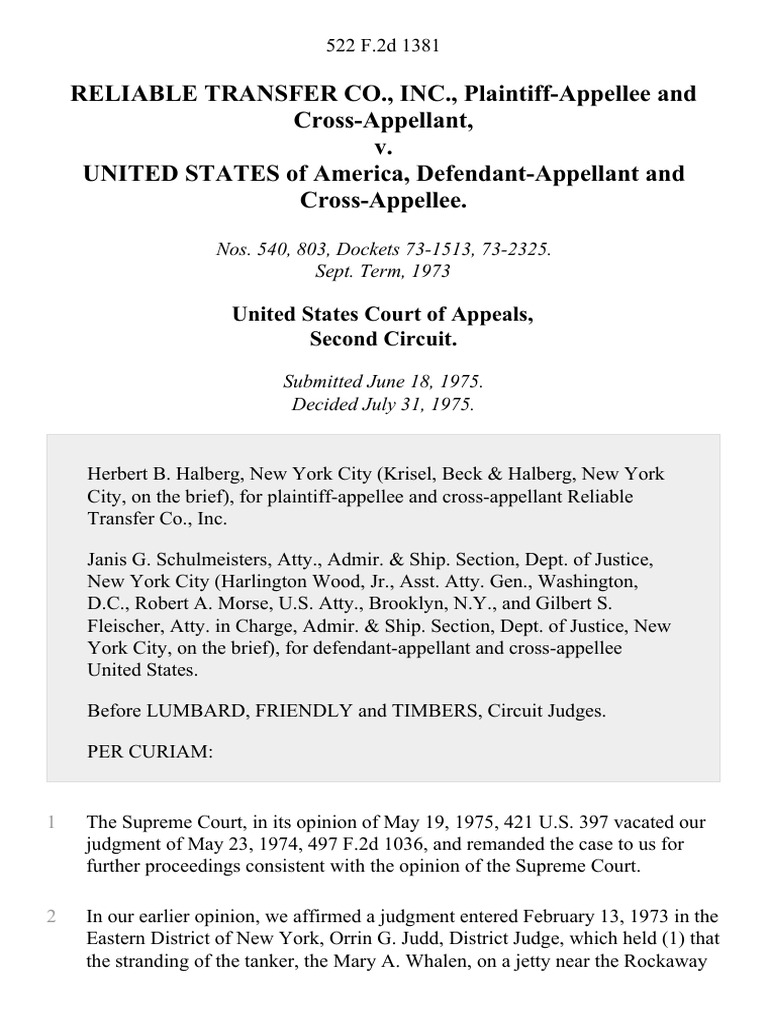 Reliable Transfer Co., Inc., and Cross-Appellant v. United States of ...