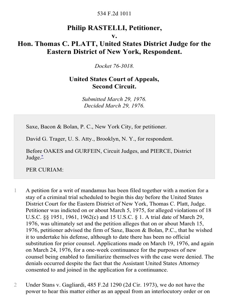 Philip Rastelli v. Hon. Thomas C. Platt, United States District Judge ...