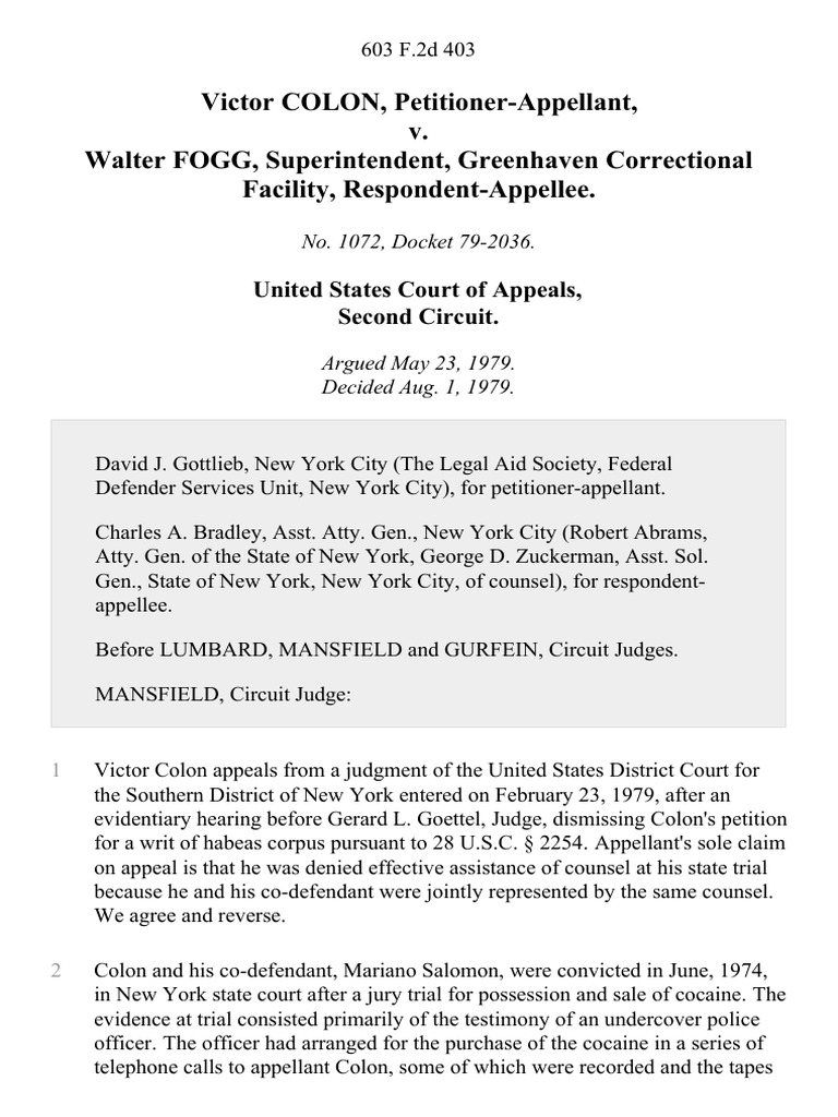 Victor Colon v. Walter Fogg, Superintendent, Greenhaven Correctional ...