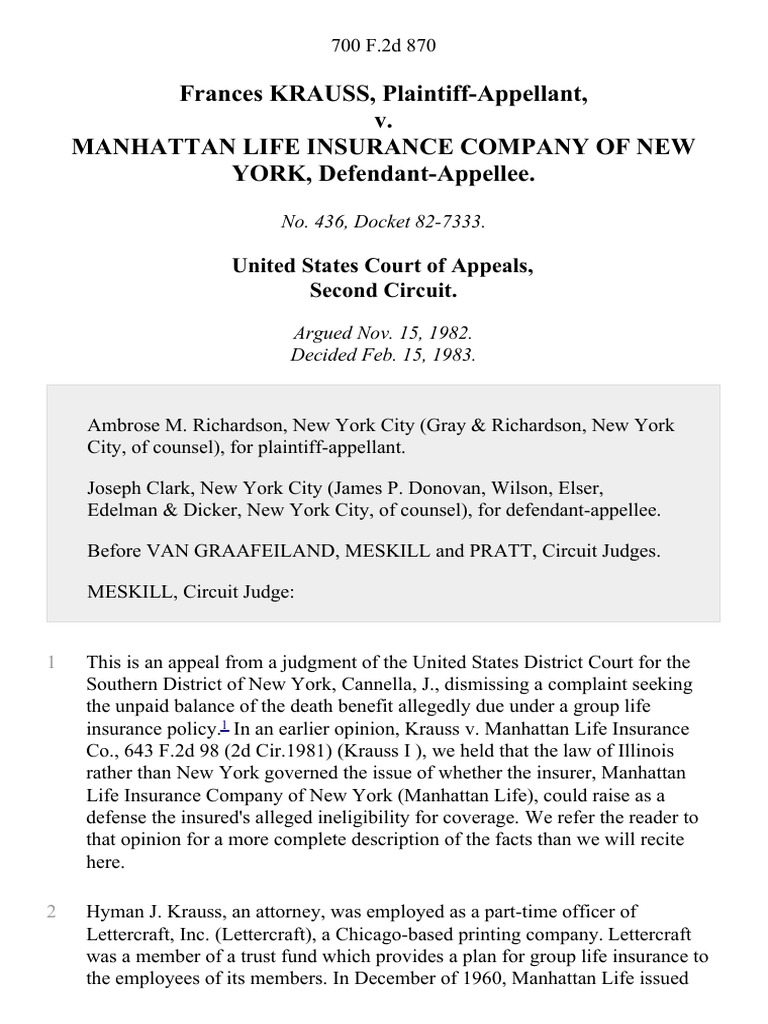 Frances Krauss v. Manhattan Life Insurance Company of New York, 700 F ...