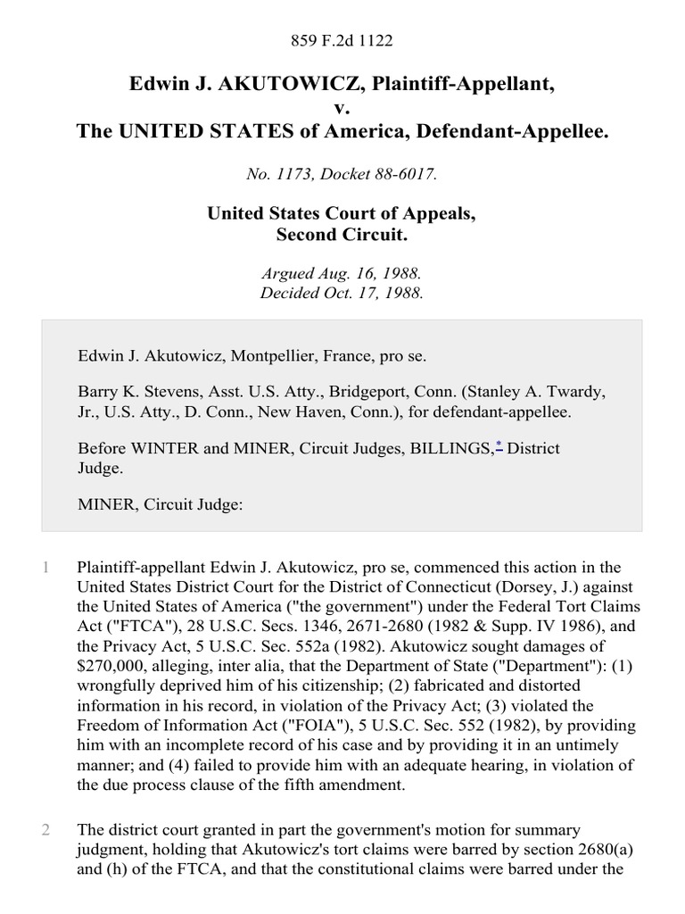 Edwin J. Akutowicz v. The United States of America, 859 F.2d 1122, 2d ...