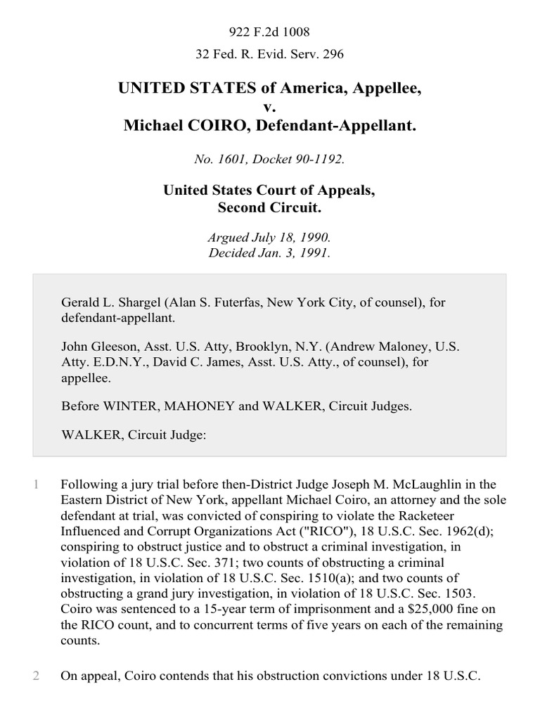 United States v. Michael Coiro, 922 F.2d 1008, 2d Cir. (1991) | PDF ...