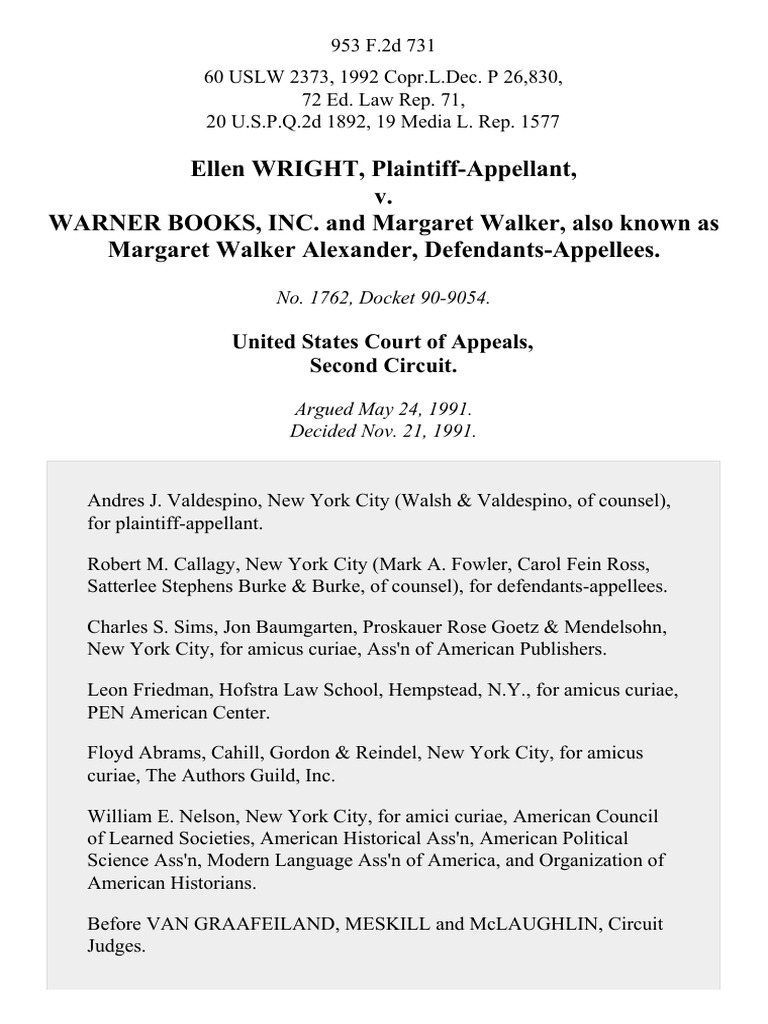 Ellen Wright v. Warner Books, Inc. and Margaret Walker, Also Known As ...