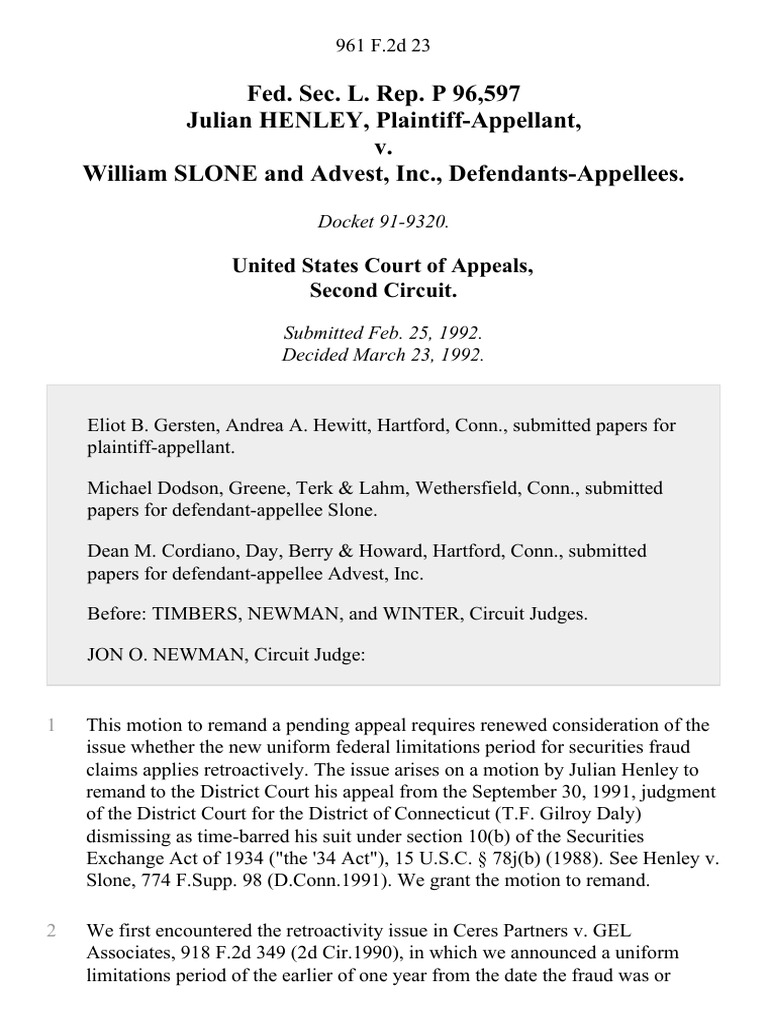 Fed. Sec. L. Rep. P 96,597 Julian Henley v. William Slone and Advest ...
