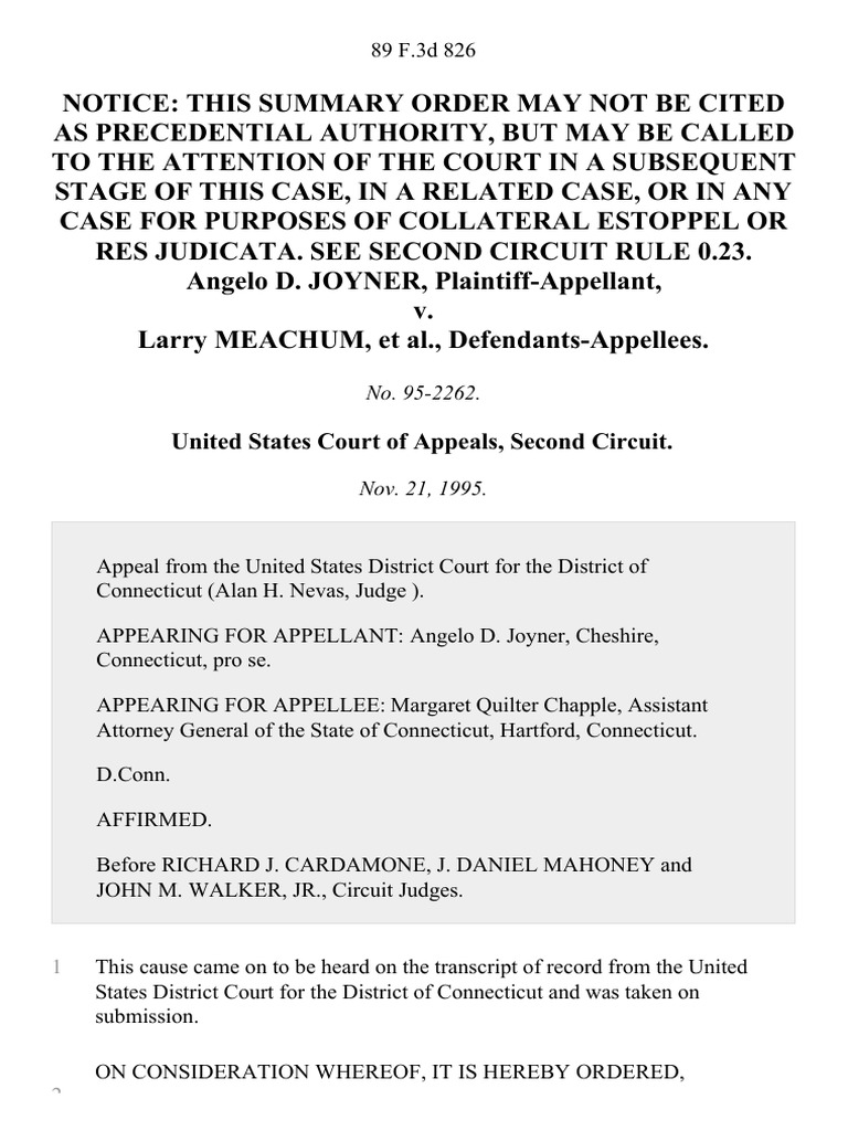 Angelo D. Joyner v. Larry Meachum, 89 F.3d 826, 2d Cir. (1995) | PDF